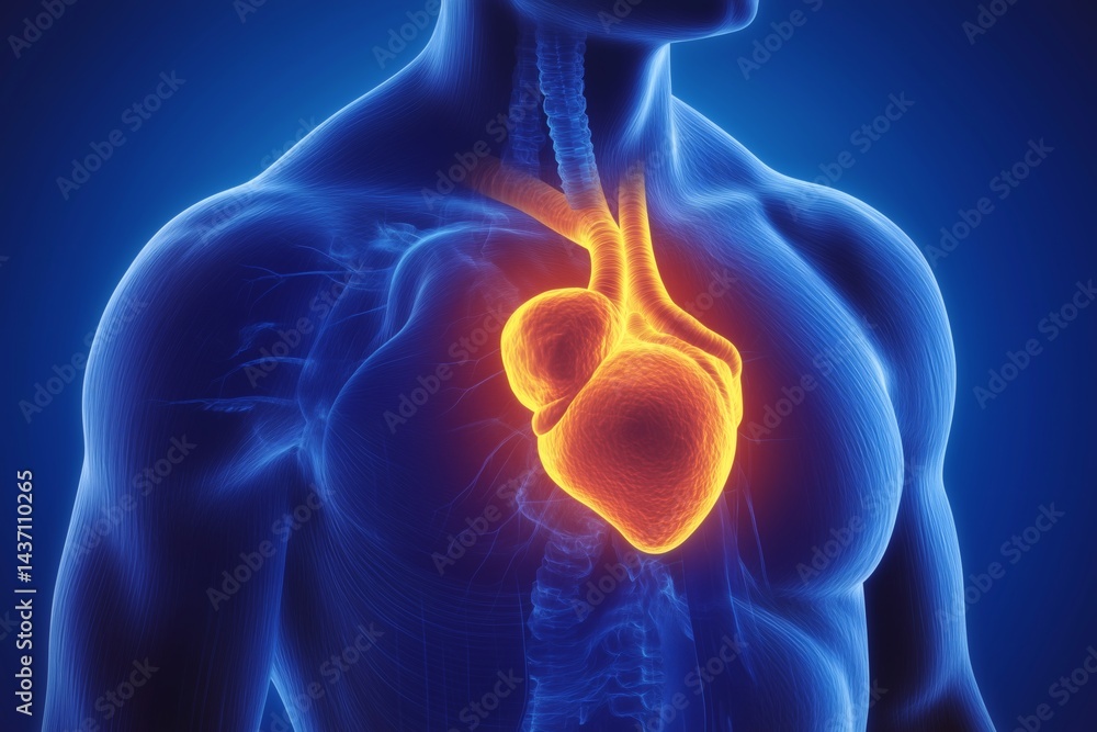 Vivid Medical Illustration Displaying the Human Heart and Major Blood ...