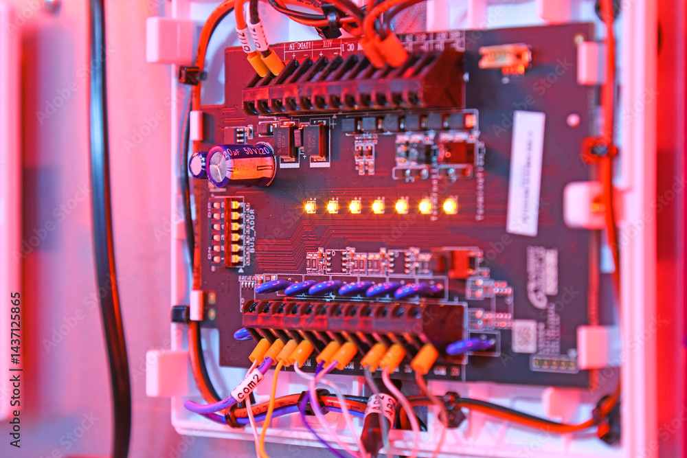 Security and fire alarm from Hikvision with LED diodes enabled during ...