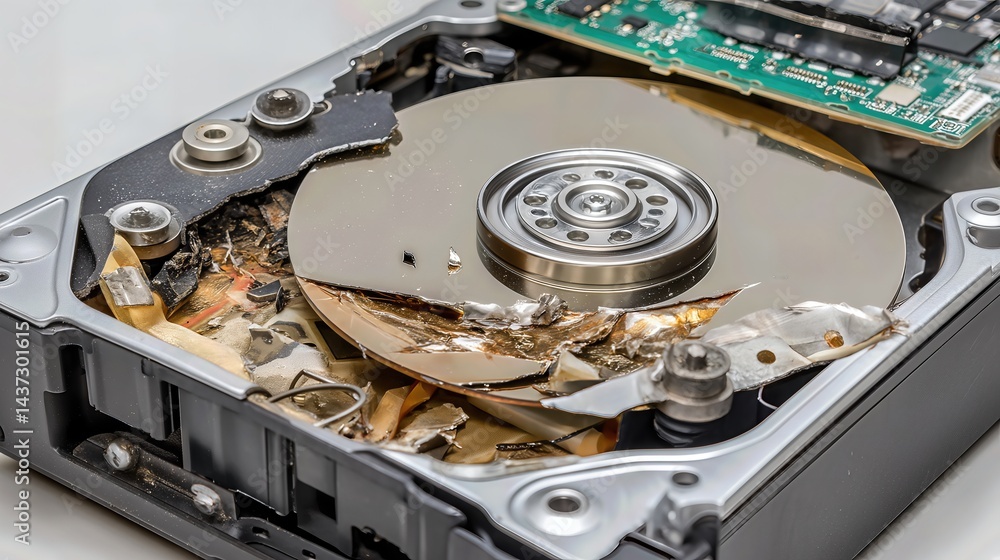 The open hard drive reveals a scratched platter, showing severe ...