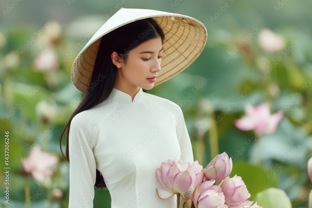 Vietnamese Woman in Ao Dai with Lotus Flowers and Conical Hat in Lotus Pond - Traditional Asian ...