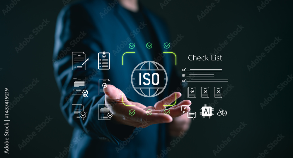 Businessman presenting ISO certification process with digital checklist ...