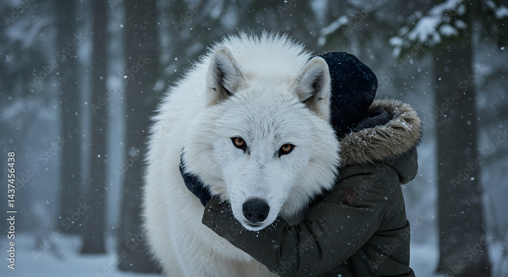 Influencer Hugging a Giant Dire Wolf in a Magical Snowy Forest Stock ...