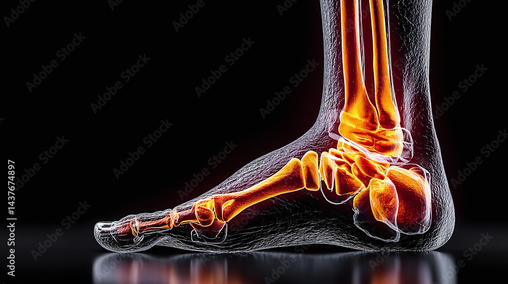 Woman foot, ankle with highlighted areas indicating pain, inflammation ...