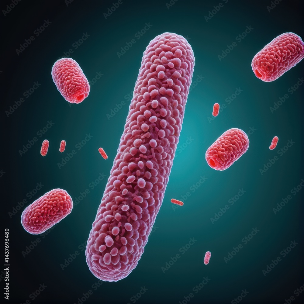 Microscopic close-up visualization of vibrant Escherichia Coli E Coli cells or bacterium under ...