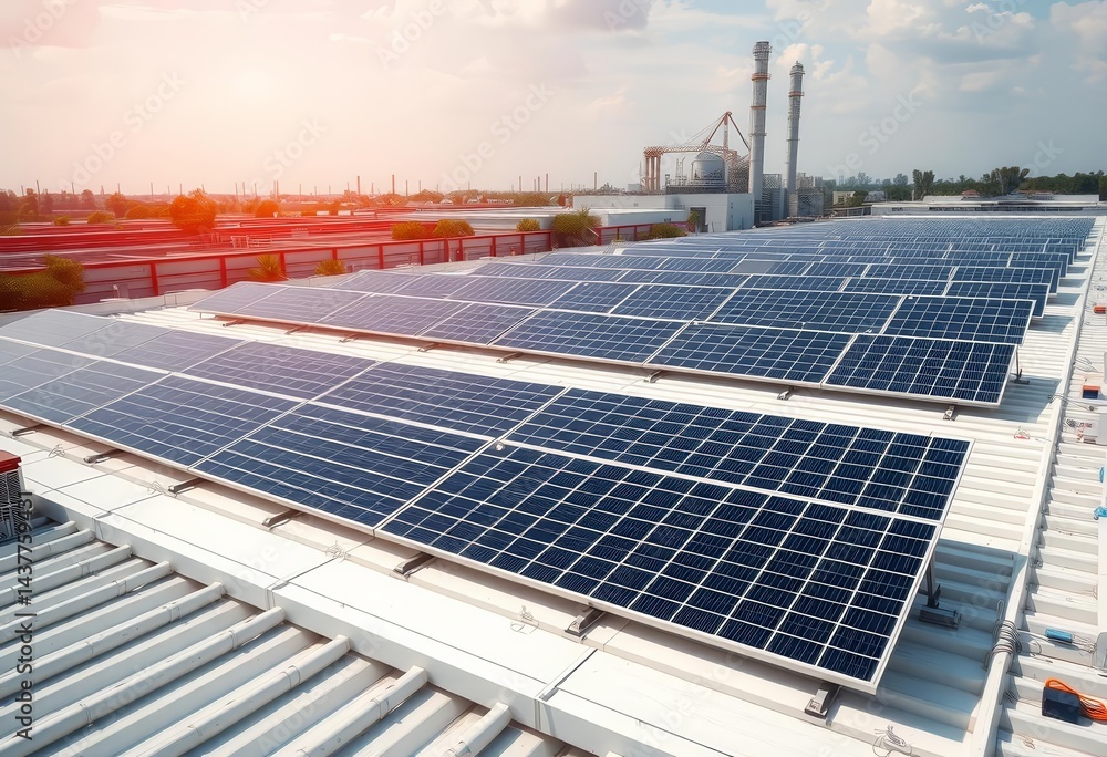 Factory rooftop solar panel array generating clean energy, alternative ...