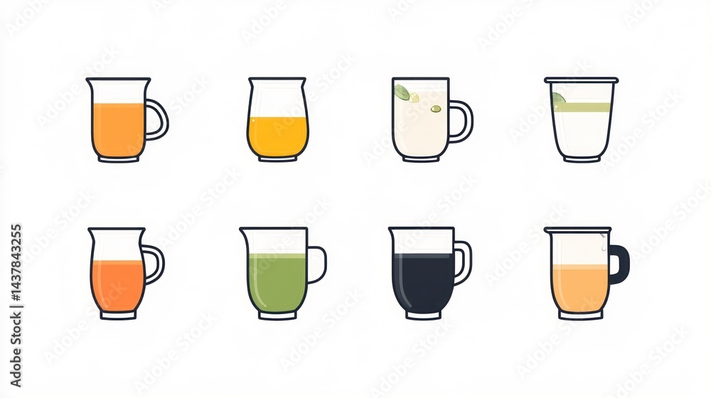 Eight types of tea, mugs and pitchers, beverage icons, food and drink ...