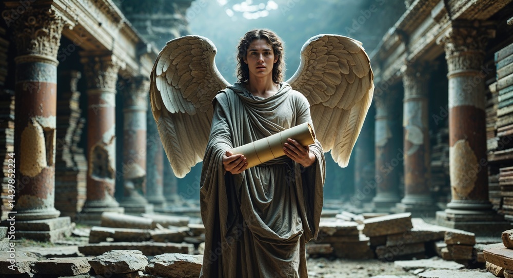 Ancient angel of wisdom holding a scroll in the ruins of a lost library ...