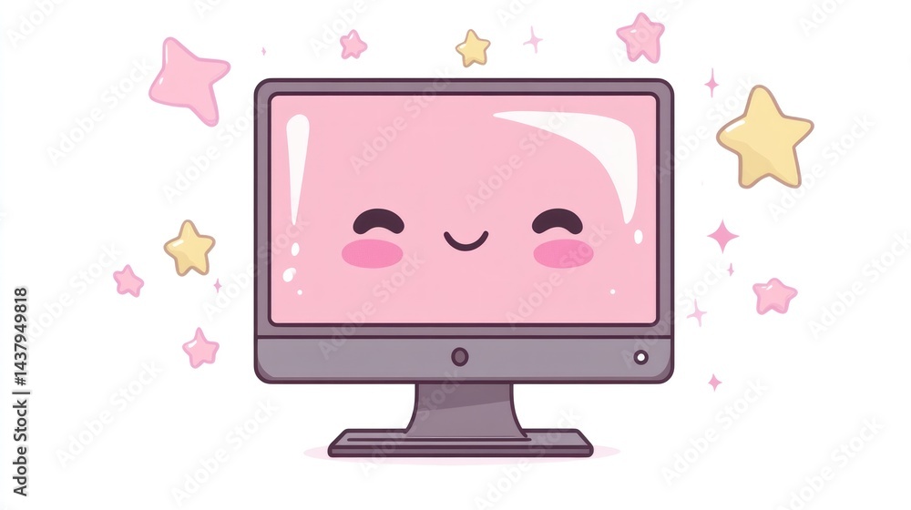 Illustration Stock Cute kawaii computer monitor with pink screen and ...