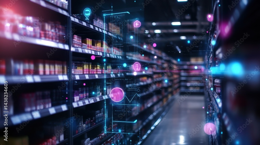 A modern supermarket aisle with digital data overlays, highlighting the ...