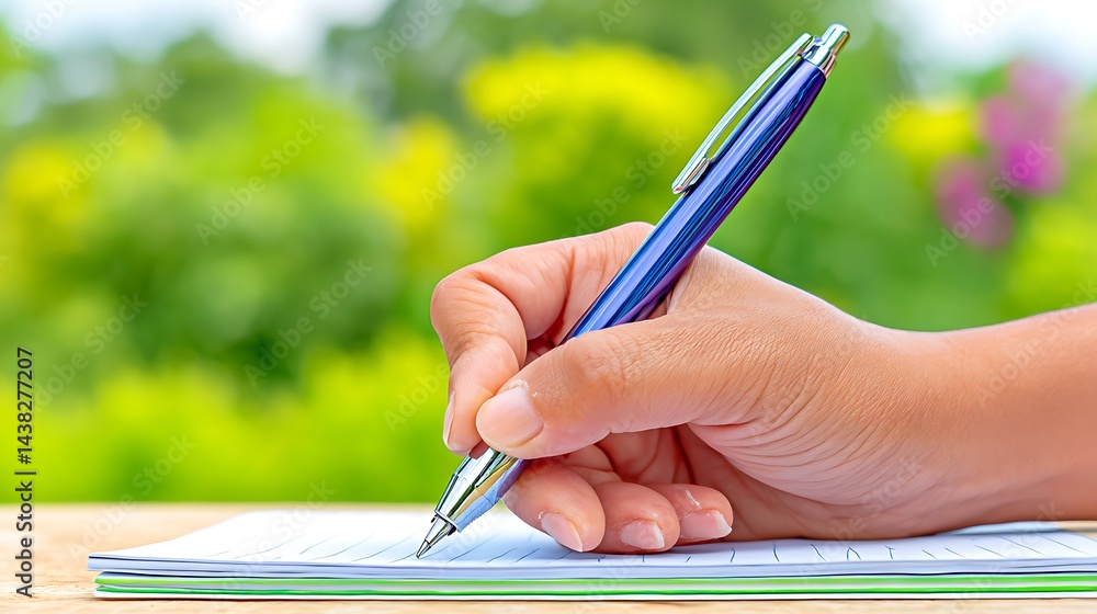 Writing hand with blue pen on lined paper before out-of-focus green and ...