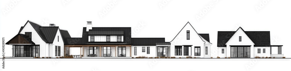Modern farmhouse architectural rendering, showcasing a long, low ...