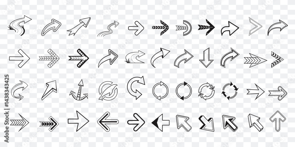 Hand-drawn different types of arrow icons set in sketch style ...