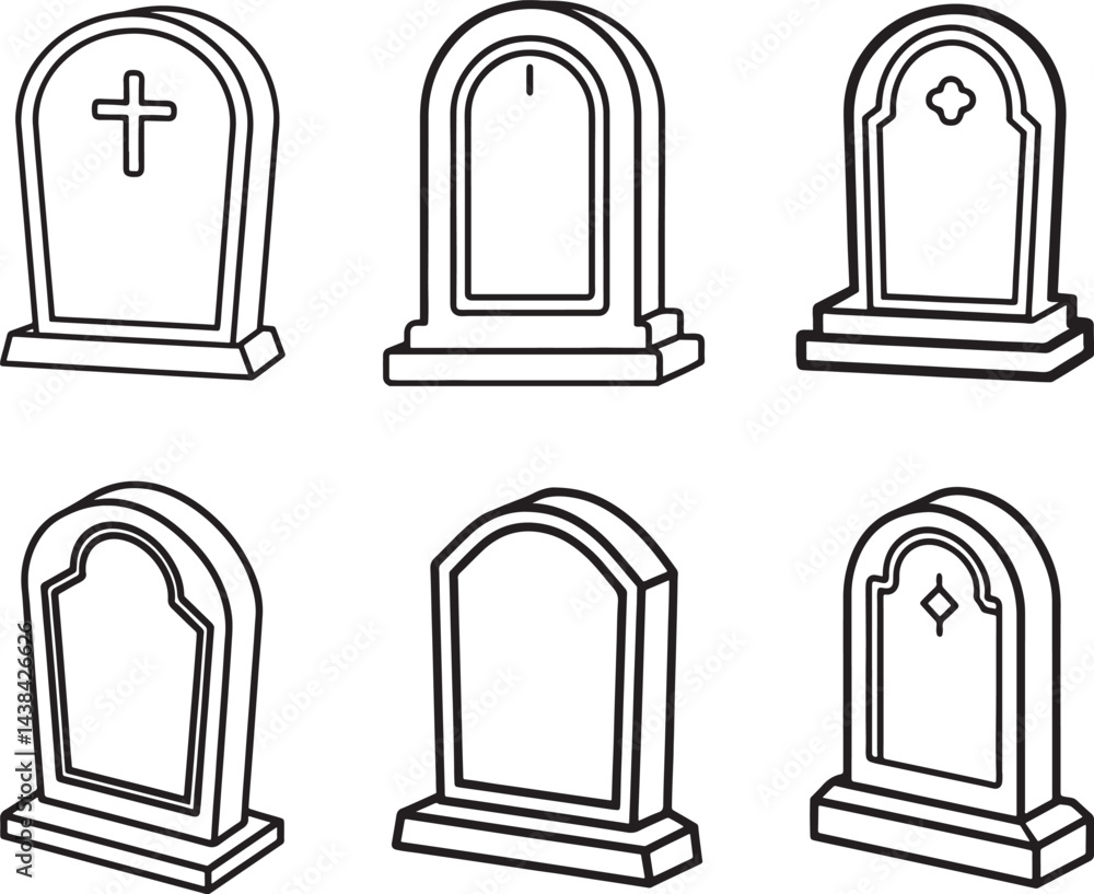 set of headstone line art, black outline, vector and illustration ...