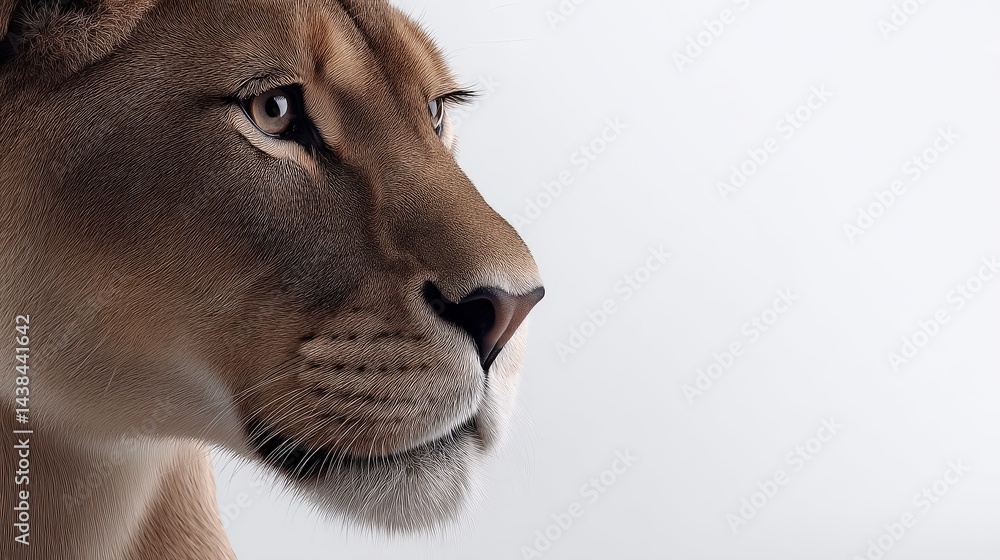 Lion face profile with golden lighting softly defining the fur and ...
