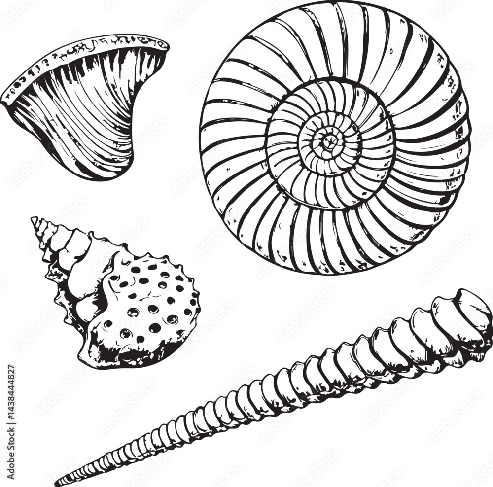 Vector de Stock Fossils, Fossil shells, Geology and Archaeology, Black ...