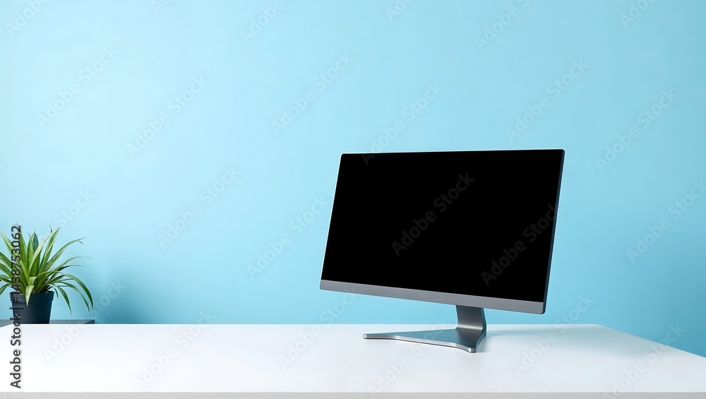 desktop monitor with black screen standing on black blank screen table ...