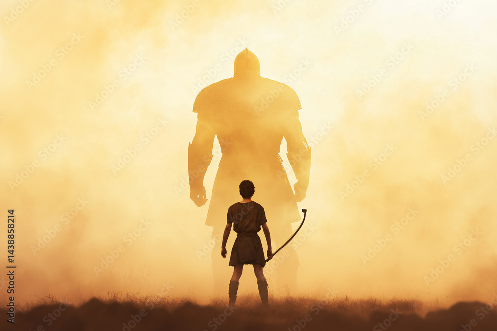 young David facing imposing Goliath from behind, slingshot in hand ...