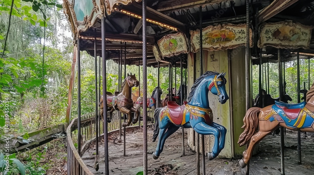 Abandoned carousel in overgrown park, a forgotten amusement. Stock ...