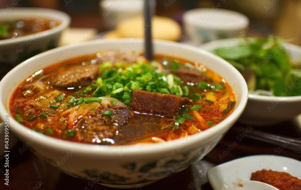 Classic Hue dish Bun Bo Hue featuring blood cubes beef spicy broth ...