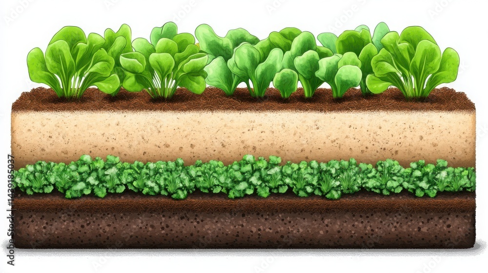 Cross-sectional view of garden bed showing layers of soil, compost, and ...