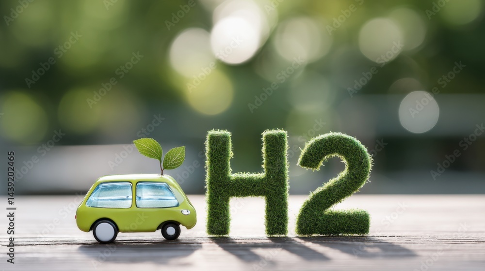 Green car with H2 letters represents eco-friendly hydrogen fuel ...