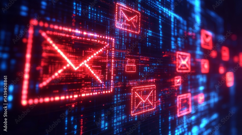 Email scam risk 3D background showing phishing attack alarms, hacker ...
