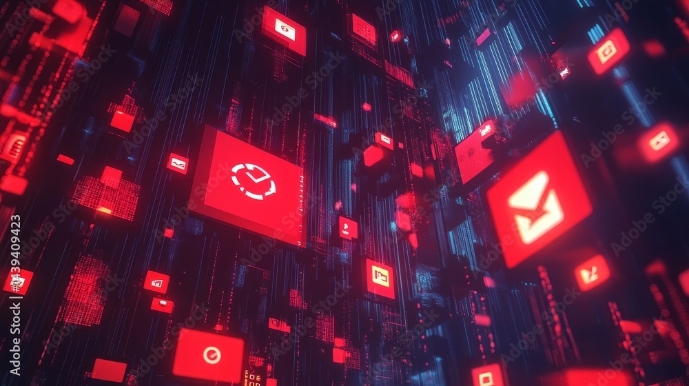 Internet fraud risk 3D scene showing alarm messages, scam warnings, and ...