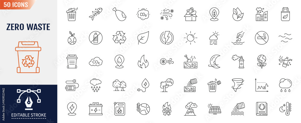 Zero Waste line editable icon set. Containing recycling, waste ...