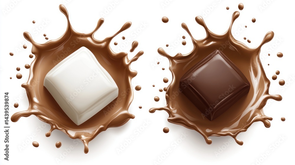 Milk and dark chocolate squares splashing in melted chocolate; dessert ...