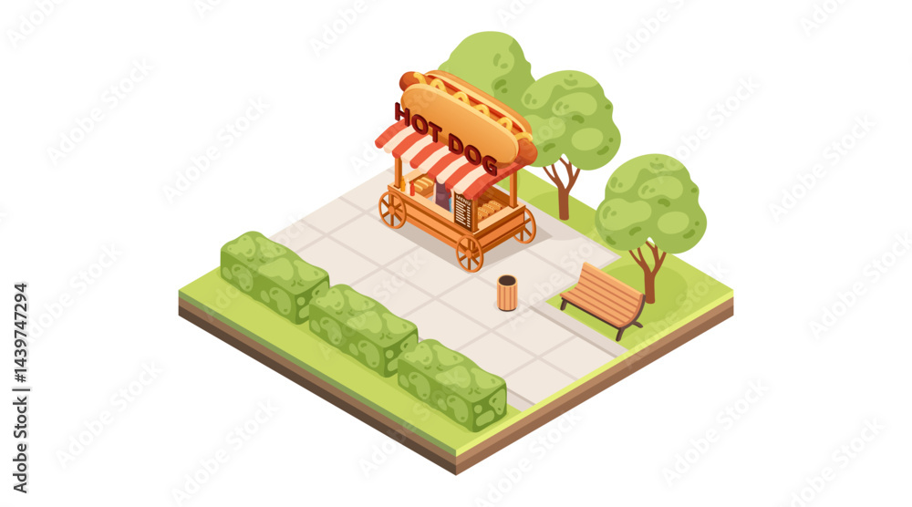 Isometric tile park with street food kiosk. Street food stand with ...