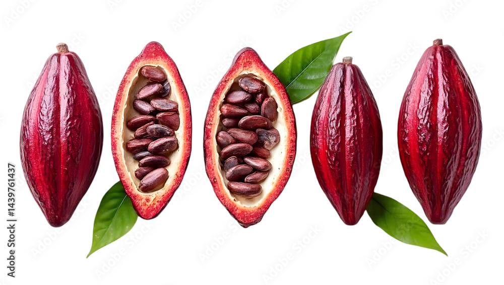 Four cocoa pods showcase their vibrant red color and rich interior ...