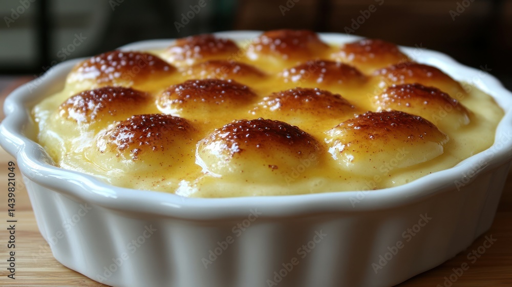 Baked custard dessert with golden, sugary brioche topping Stock Photo ...