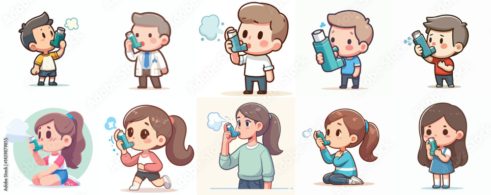 Cute Cartoon Characters Using Asthma Inhalers - Vector Set Stock Vector ...