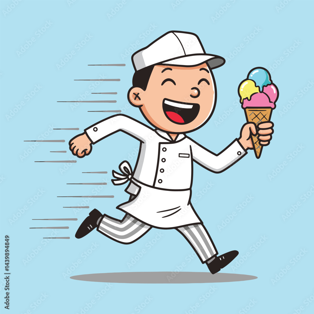 A cartoon ice cream vendor running with a cone of ice cream against a ...