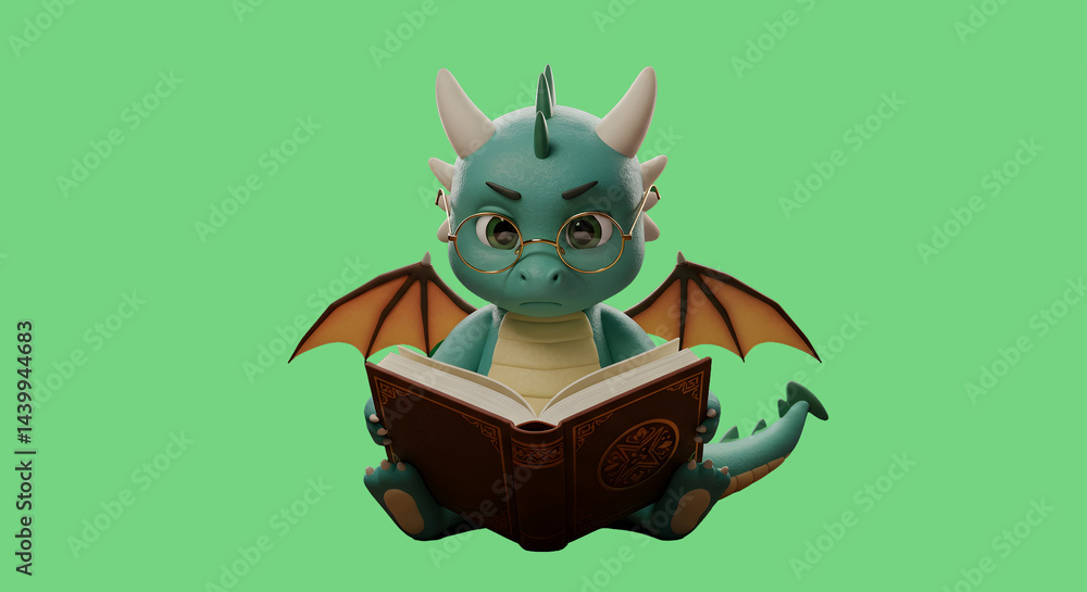 cute 3d baby dragon reading a big magical book, tiny glasses, serious ...