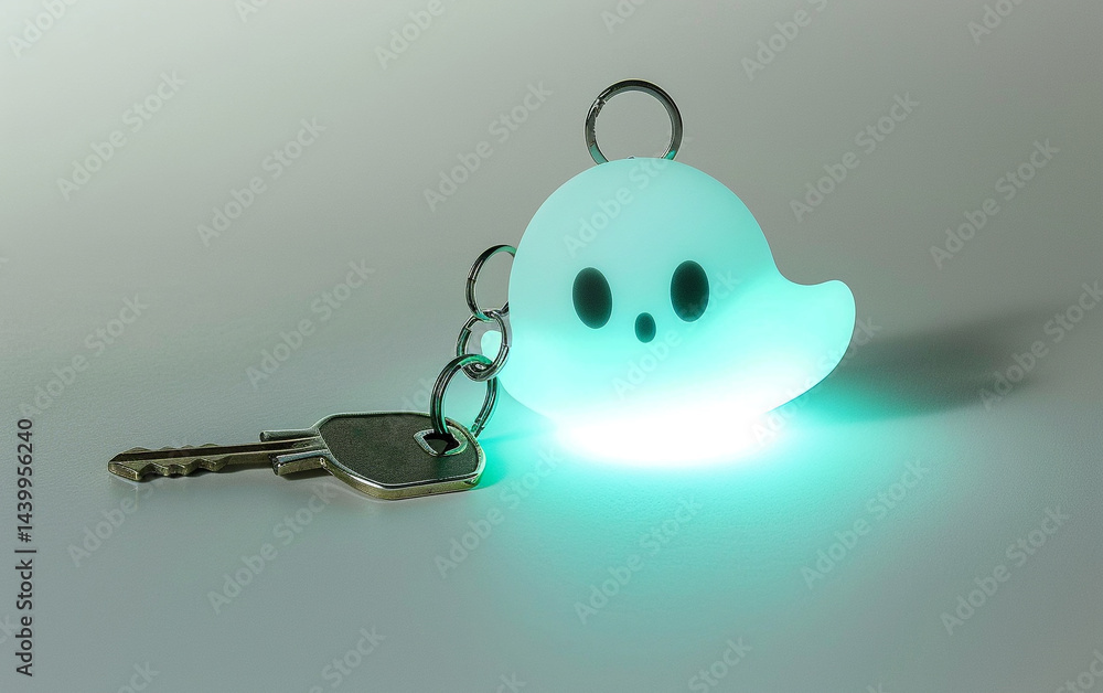 Glowing white ghost keychain with black eyes and mouth, attached to a ...