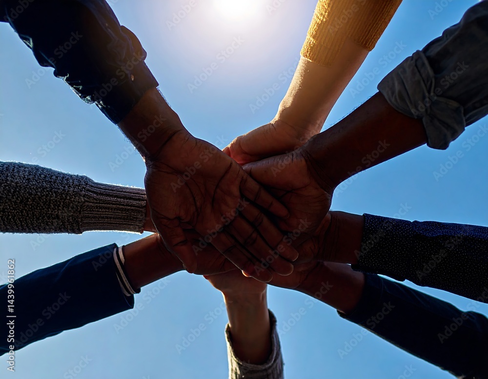 Group of diverse people stacking their hands together in a show of unity and teamwork outdoors ...