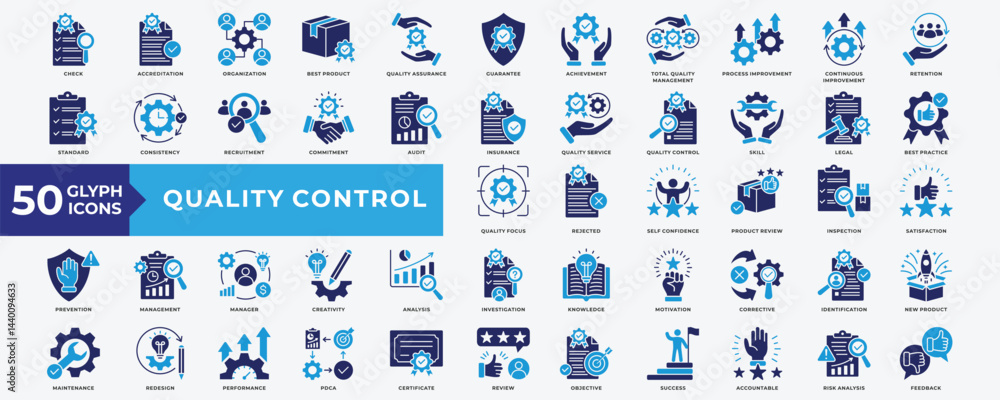 Quality Control icon set with accreditation, best product, quality ...