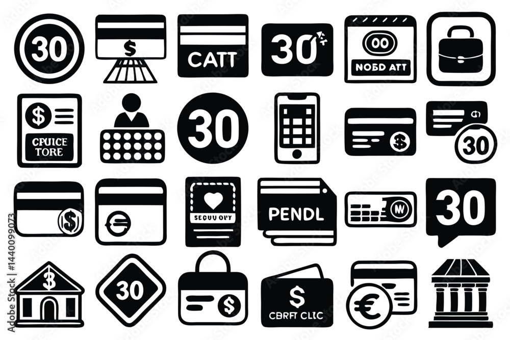 Financial technology doodle set black and white banking payments ...