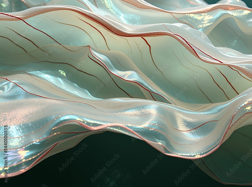 Shimmering Translucent Fabric with Wavy Folds and Contrasting Red ...