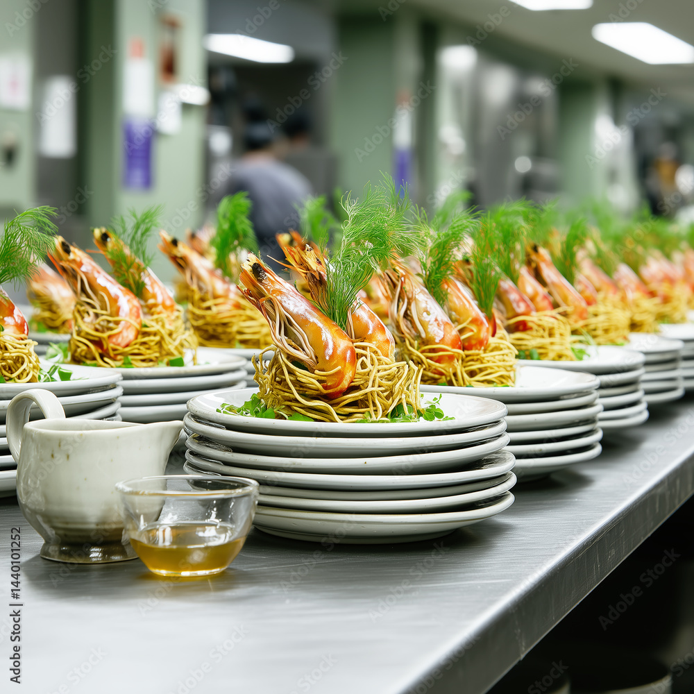 Professional kitchen preparing numerous plates of shrimp kataifi ...