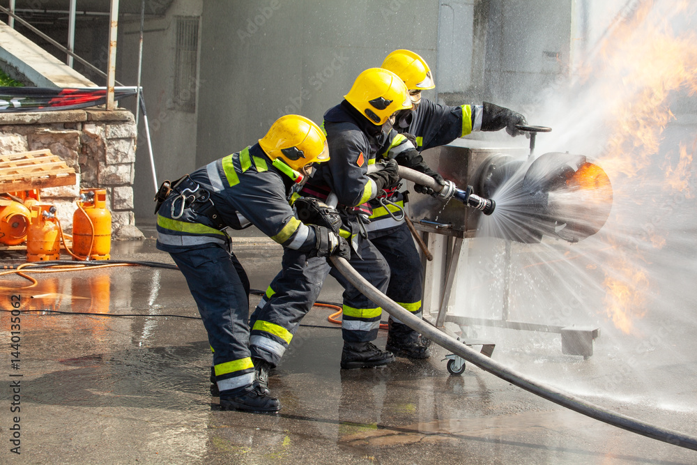 ภาพถ่าย Stock Firefighters work together using water hose to extinguish ...