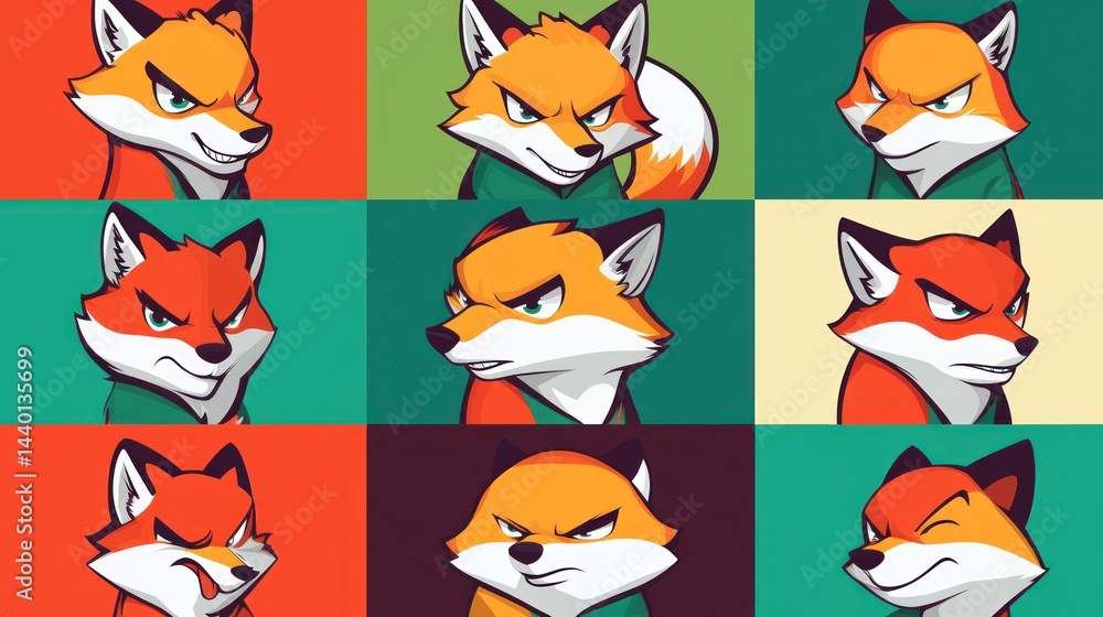 Cartoon fox expressions in square tiles, depicting different moods ...