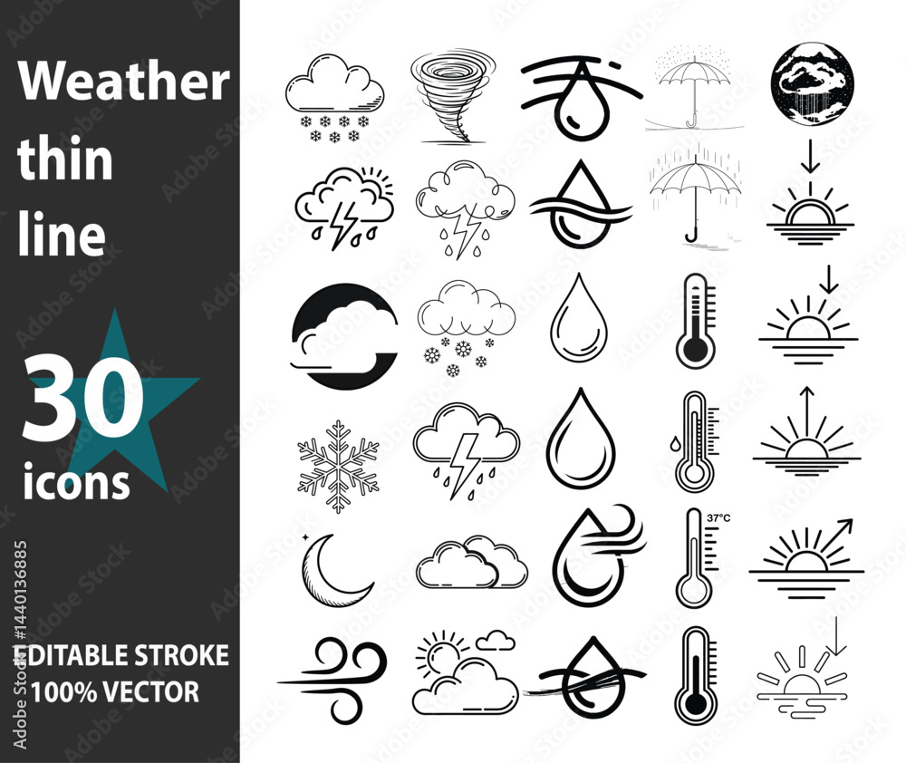 Weather icons, thin line drawings, meteorological symbols, cloud shapes ...