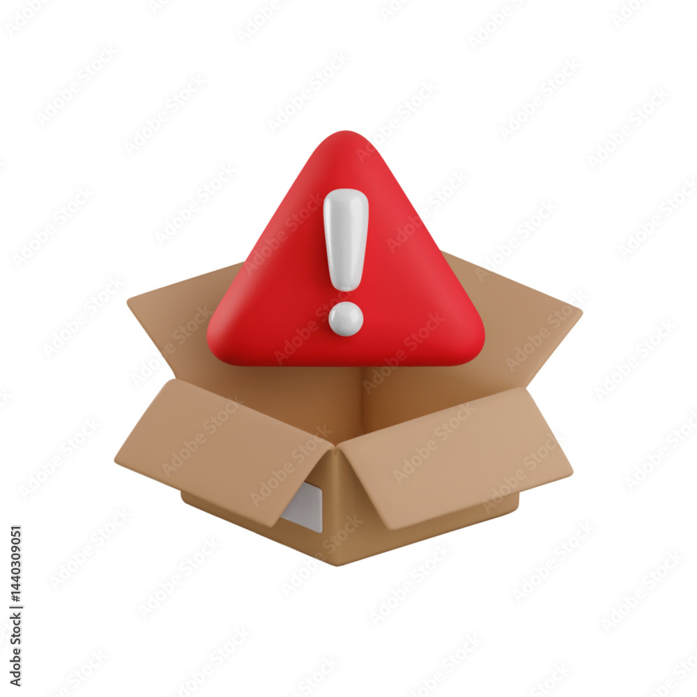 Vector cartoon 3d delivery problem icon. Realistic 3d open cardboard box with exclamation mark ...