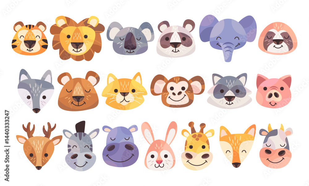 Cute animals avatars cartoon characters set with heads and faces of ...