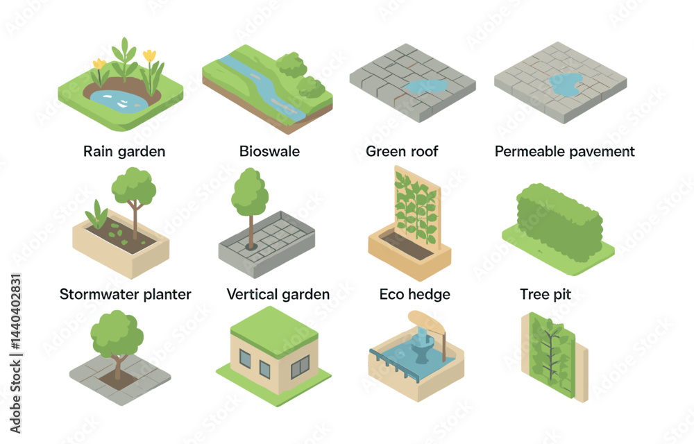 Sustainable urban design icons set – rain garden, bioswale, green roof ...