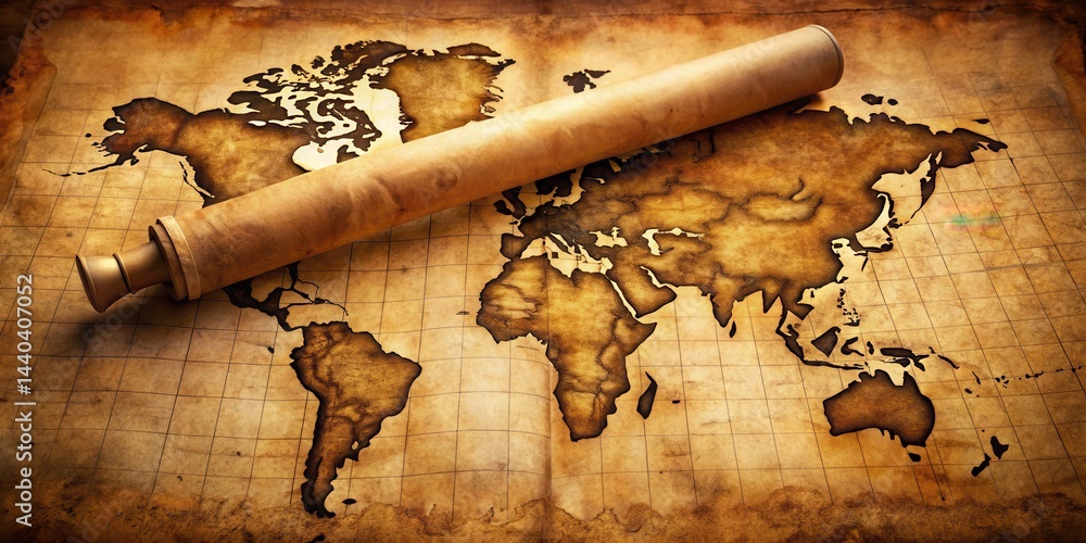 Ancient parchment with yellowed historical map rolled up in a scroll ...