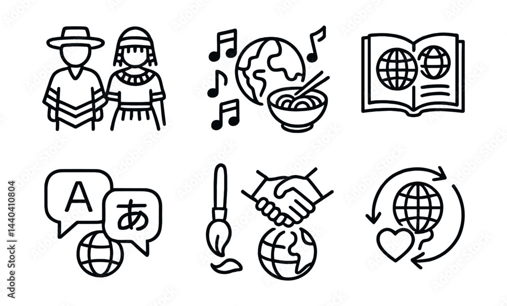 Cultural exchange icon set – traditions, language, music, cuisine ...