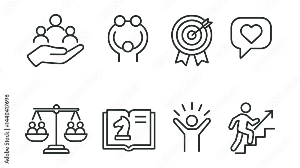 Community and success icons set – people, teamwork, target, heart ...
